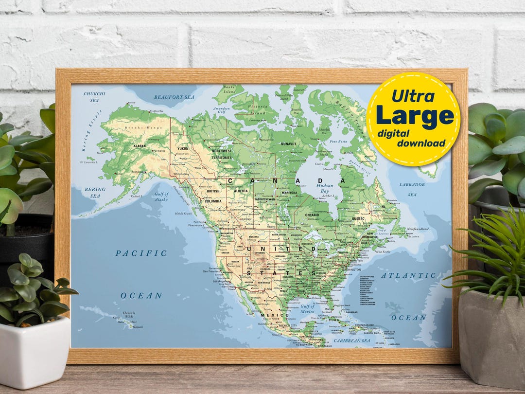 Detailed North America Terrain Map. Digital Americas Map With ...