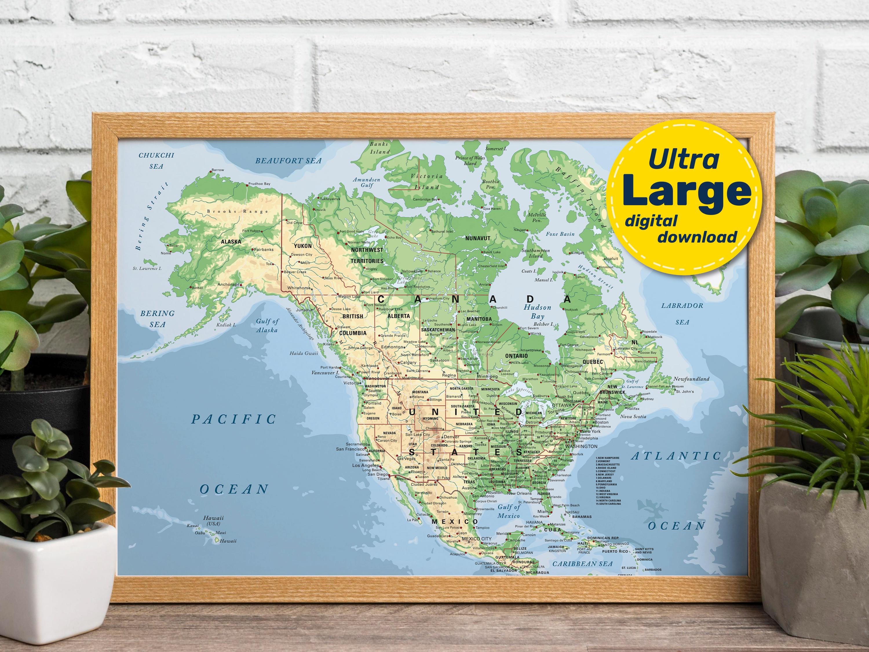 Detailed North America Terrain Map. Digital Americas Map With ...