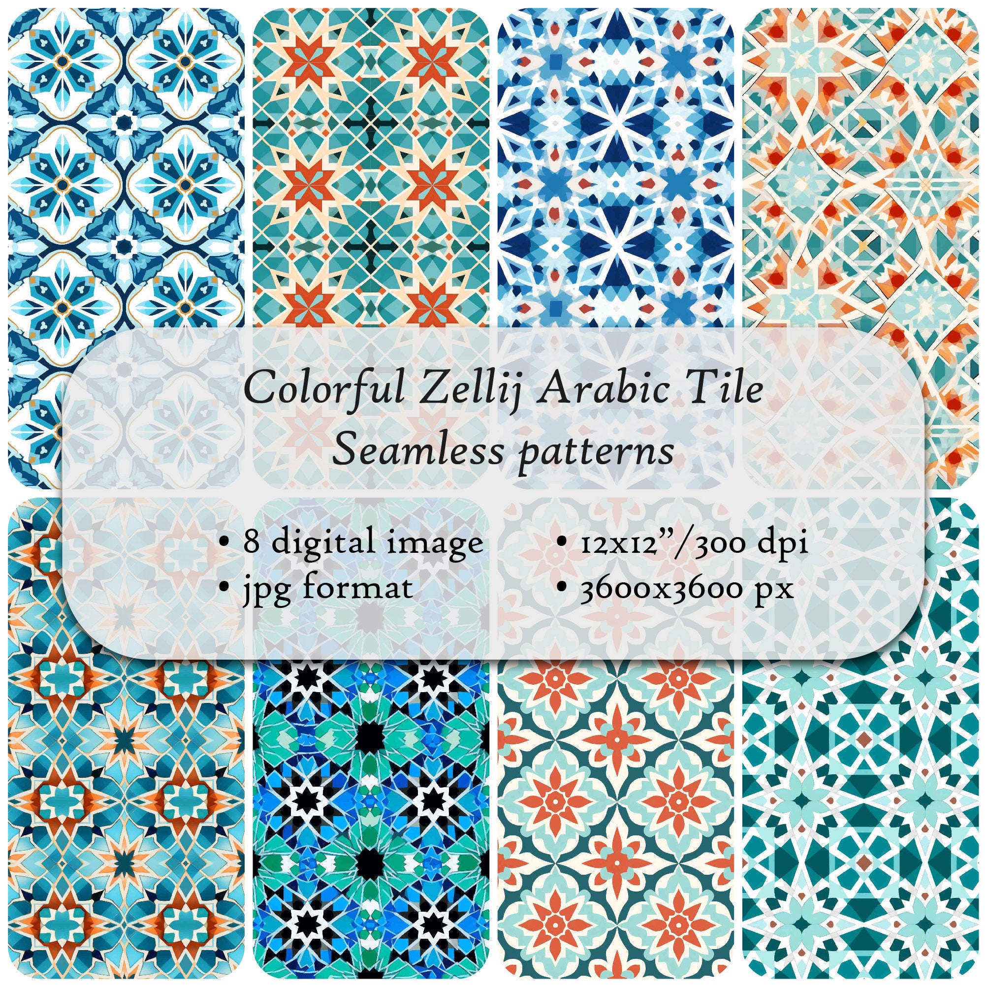 8 PACK Colorful Zellij Arabic Tile Seamless Patterns. Digital Paper ...