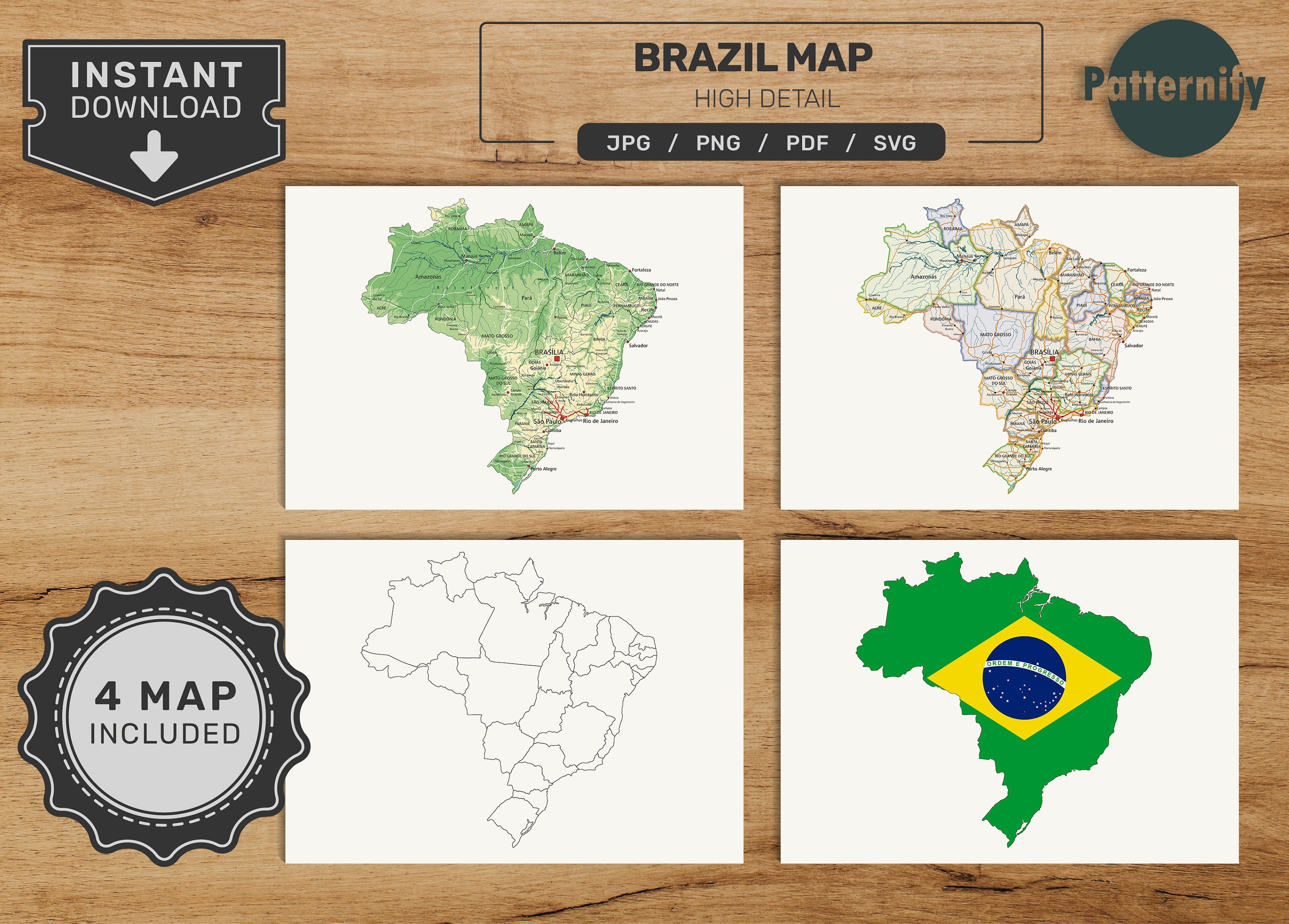 Brazil Map Bundle. Printable Brazilian Map Set. Political, Physical ...
