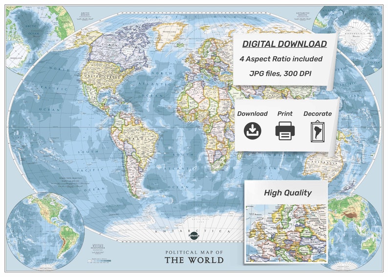 World Map Print Map of the World Wall Art PRINTABLE Detailed World Map ...