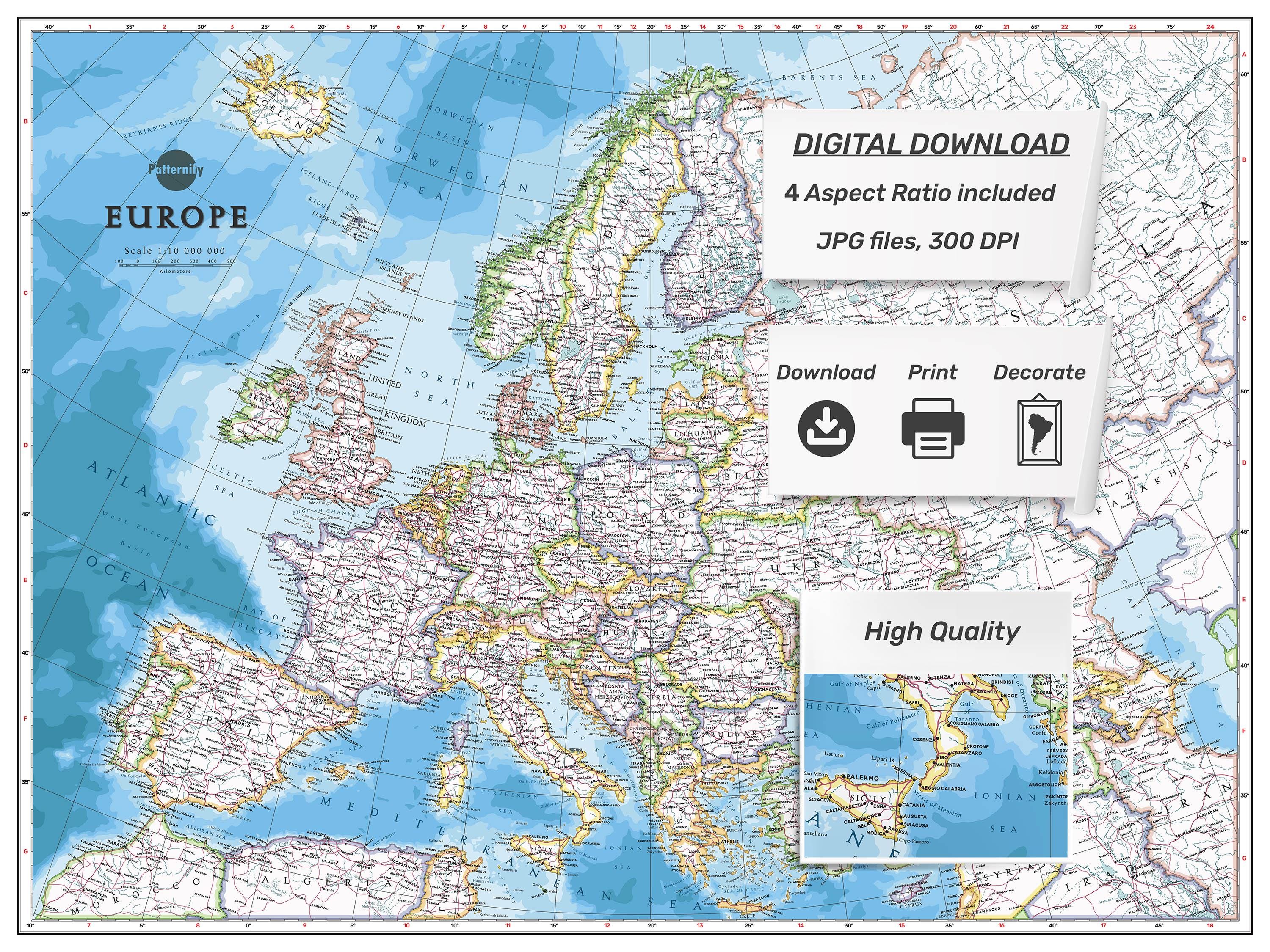 Europe Political Map Print. High-resolution PRINTABLE Europe Map. EU ...