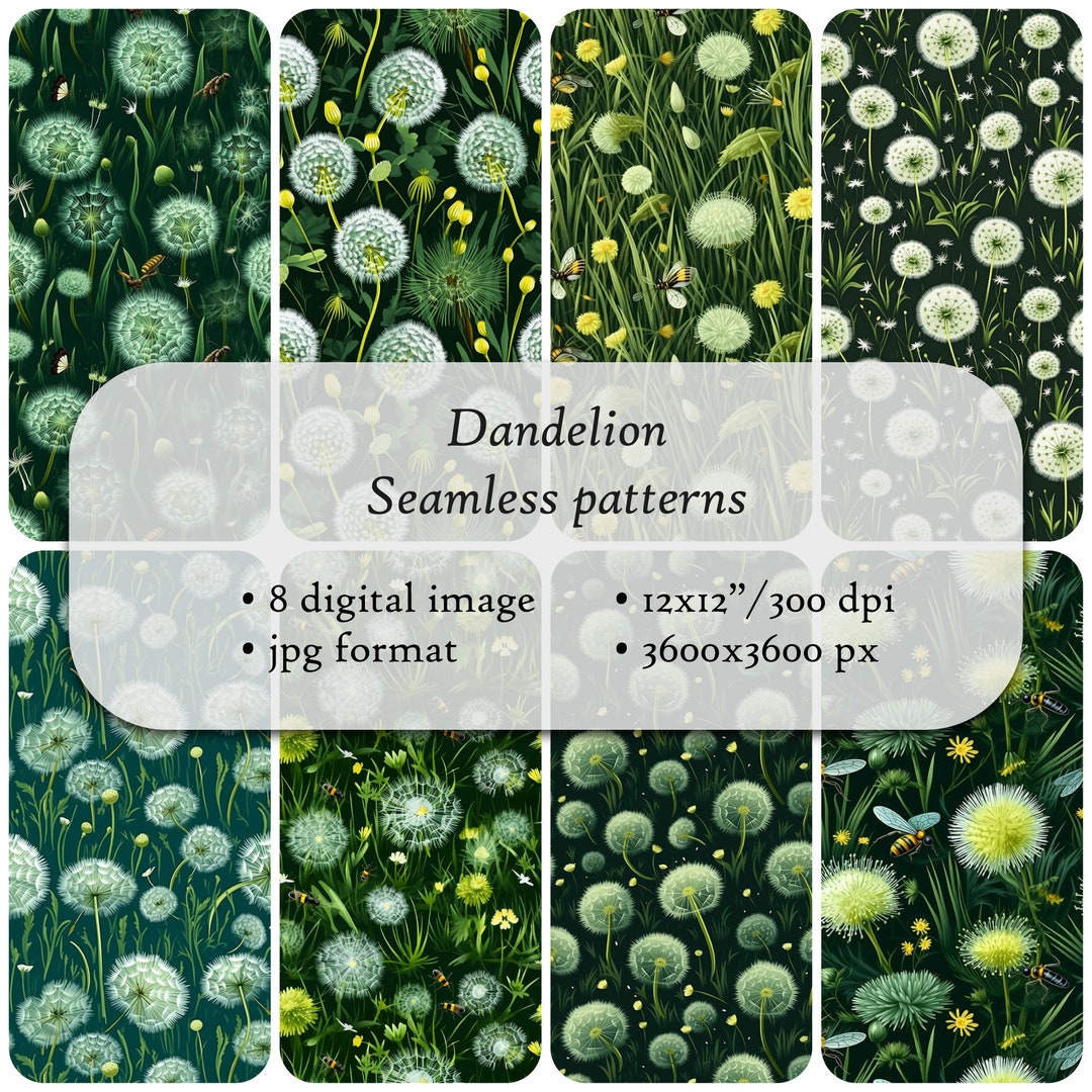 8 Dandelion Seamless Patterns. Digital Paper, Commercial Use, Digital ...