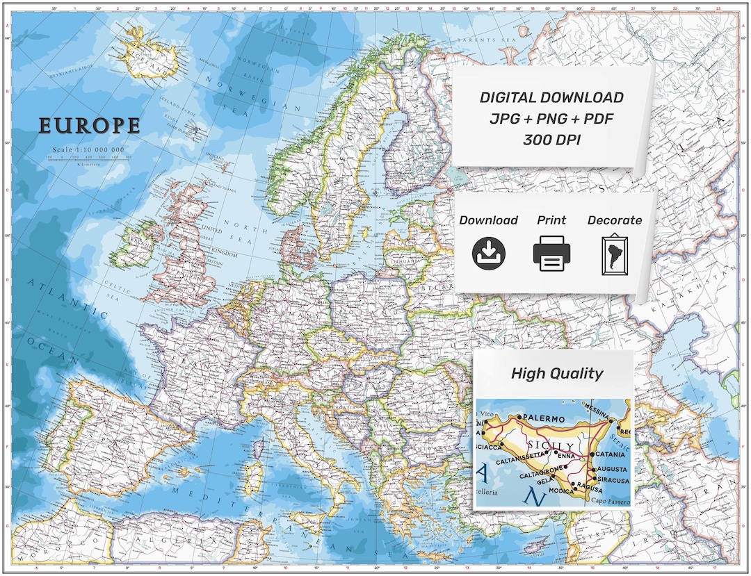 Europe Map Print Europe Map Wall Art PRINTABLE Europe Map - Etsy
