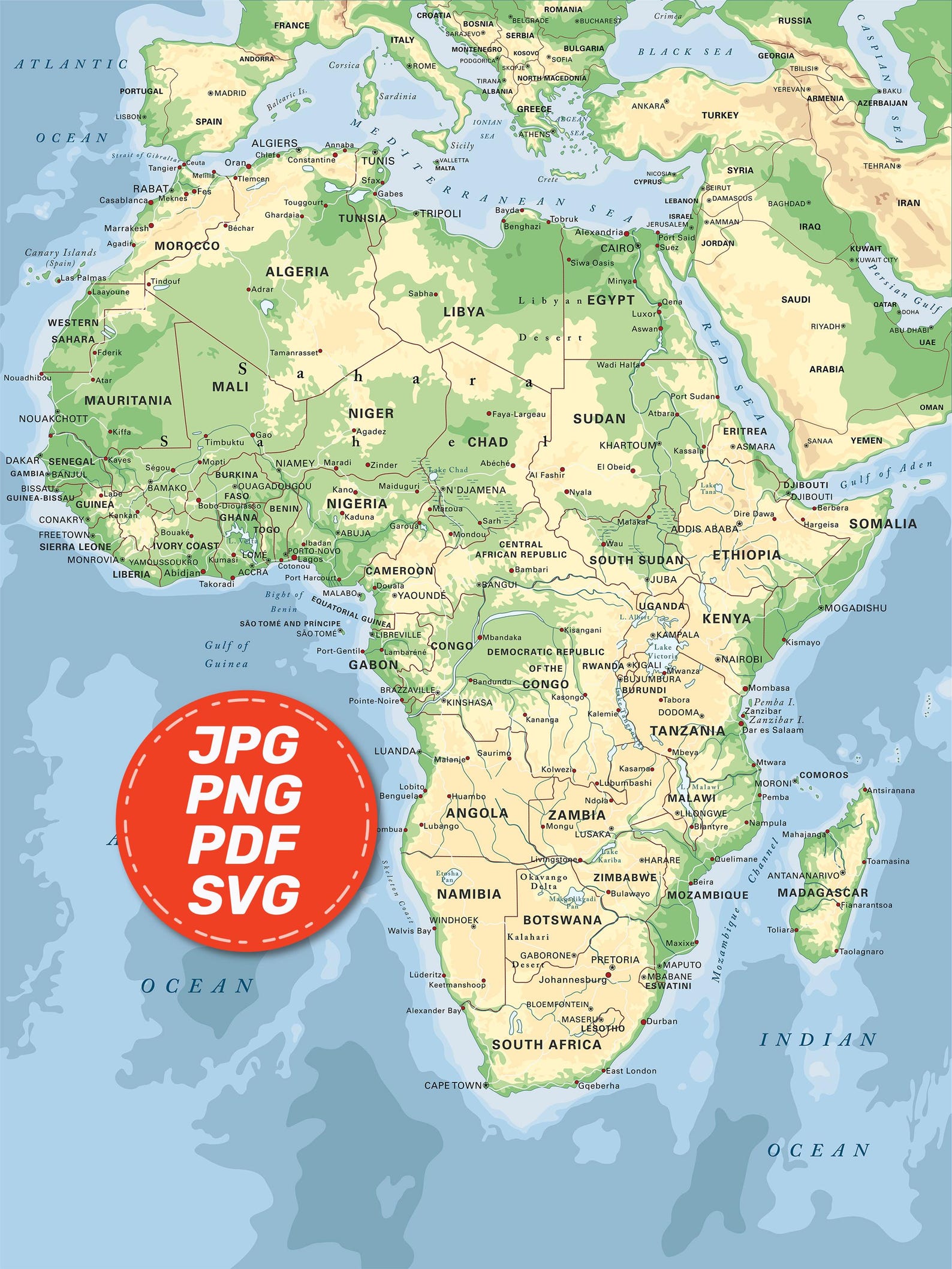 Terrain Map of Africa. Detailed Digital Africa Map. High-resolution ...