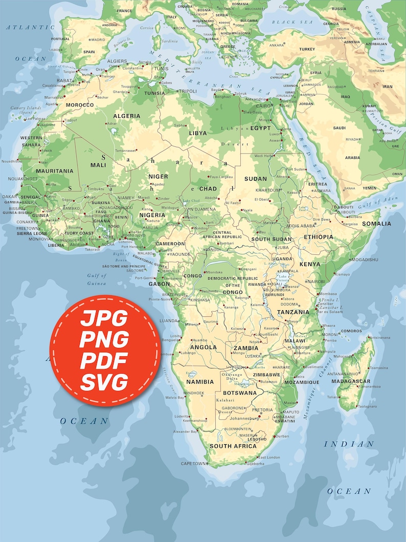 Terrain Map of Africa. Detailed Digital Africa Map. High-resolution ...