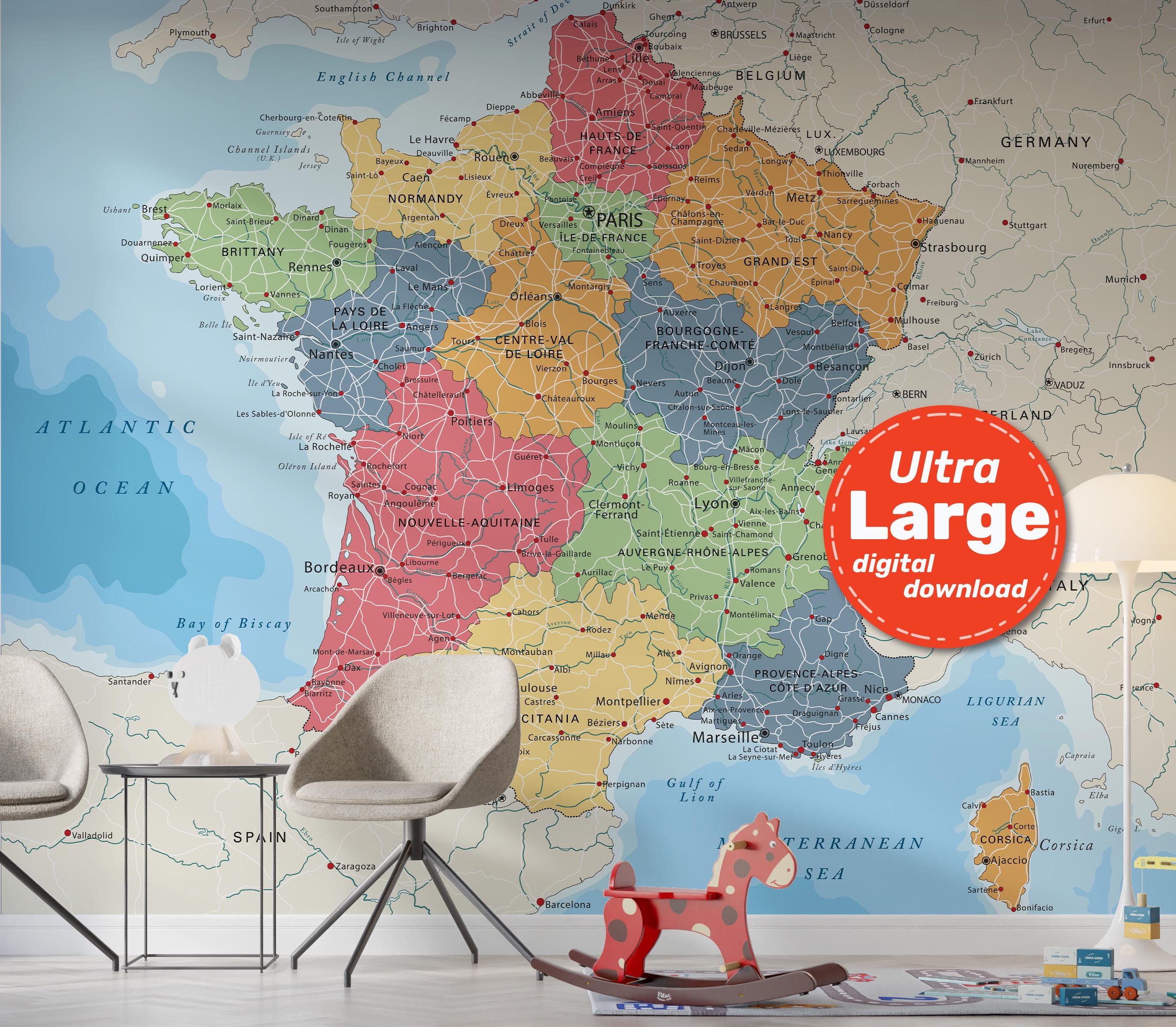 Mapa político de Francia. Póster detallado de gran tamaño con ciudades ...