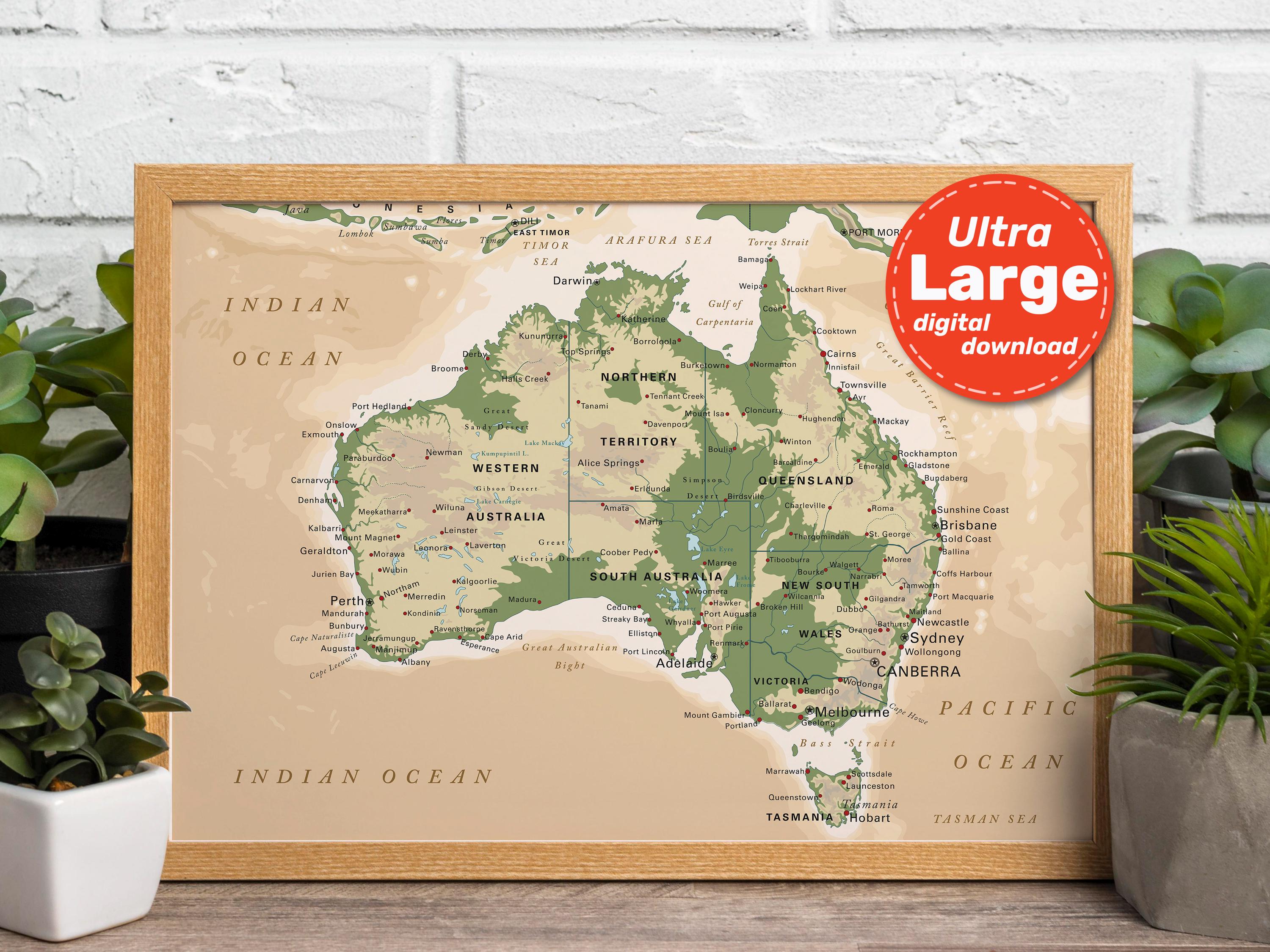 Detailed Physical Map of Australia. Vector Australia Map. Educational ...