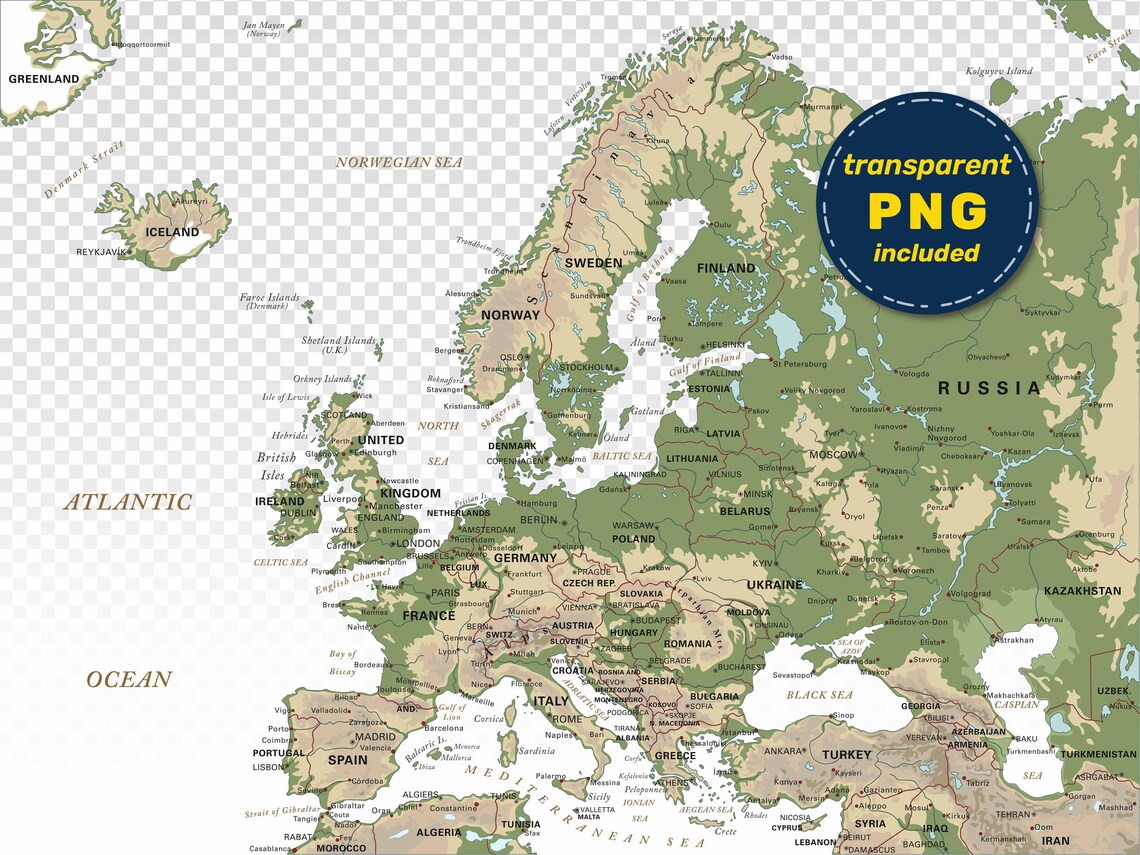 Detailed Europe Terrain Map. Digital Europe Map With, Countries, Cities ...