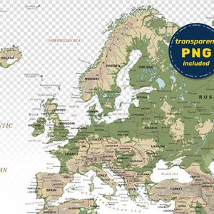 Detailed Europe Terrain Map. Digital Europe Map With, Countries, Cities ...