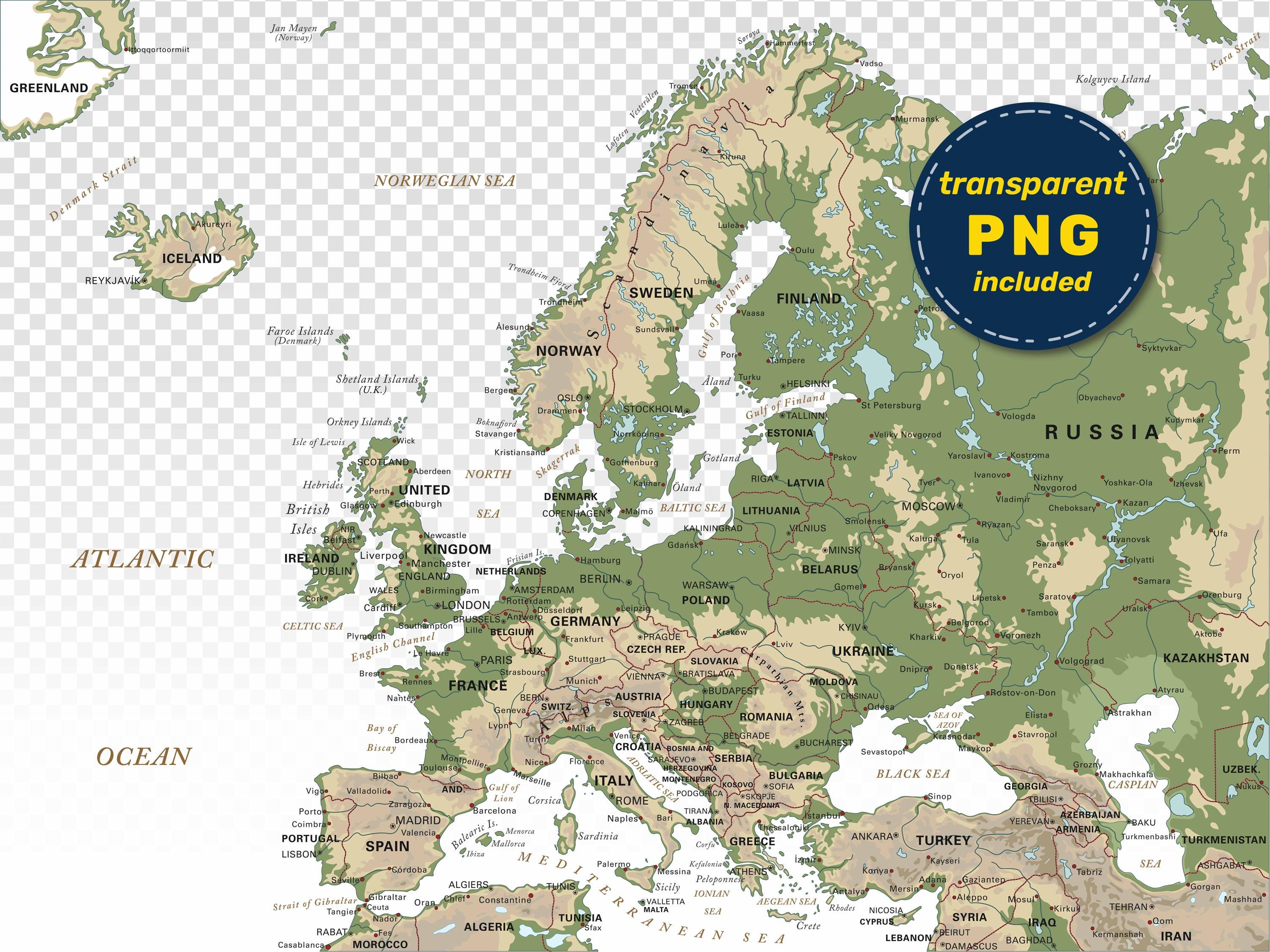 Detailed Europe Terrain Map. Digital Europe Map With, Countries, Cities ...
