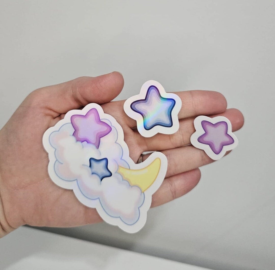 Cute Cloud Vinyl Sticker, Kawaii Moon and Stars, Celestial Holographic ...
