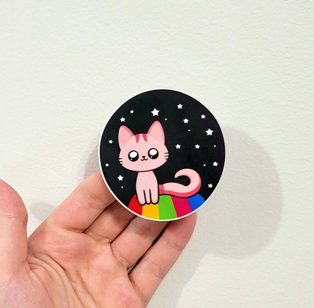 Pink Tabby Cat Vinyl Sticker, Rainbow, Round Stickers, Glossy & Water ...