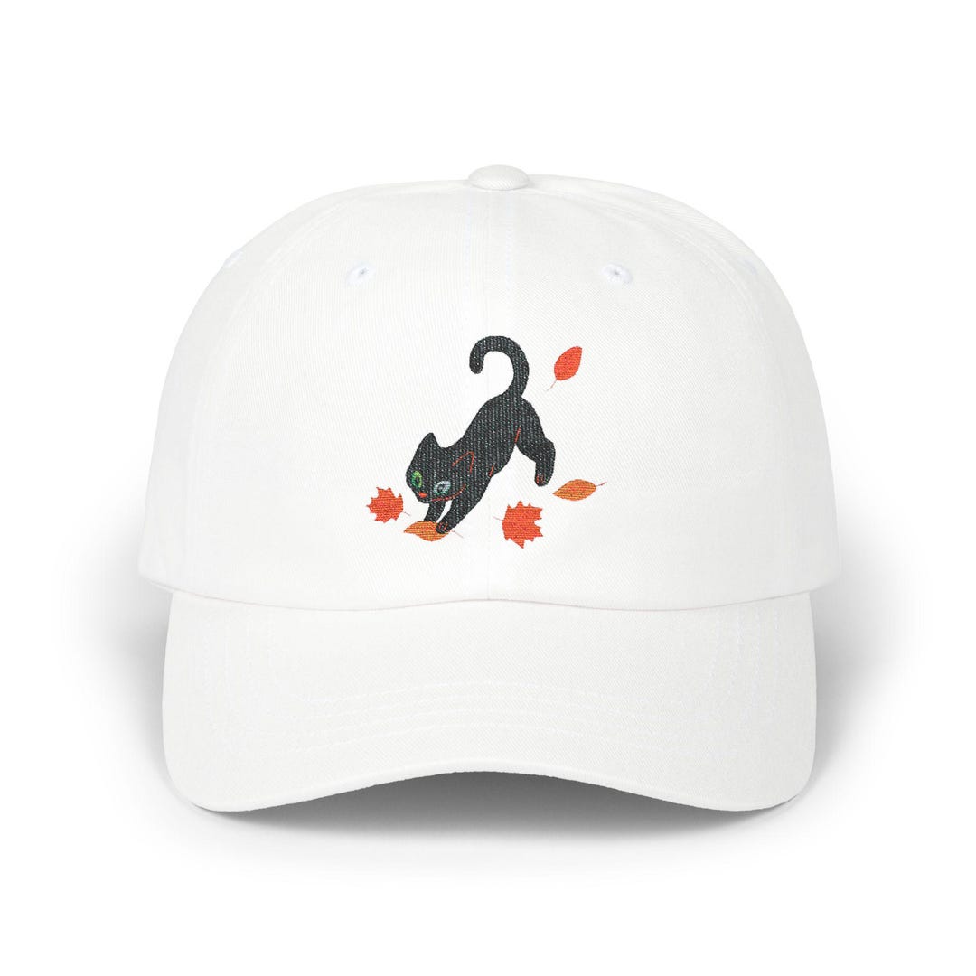 Cute Black Cat Embroidered Hat, Pouncing Leaves Baseball Cap, Autumn ...