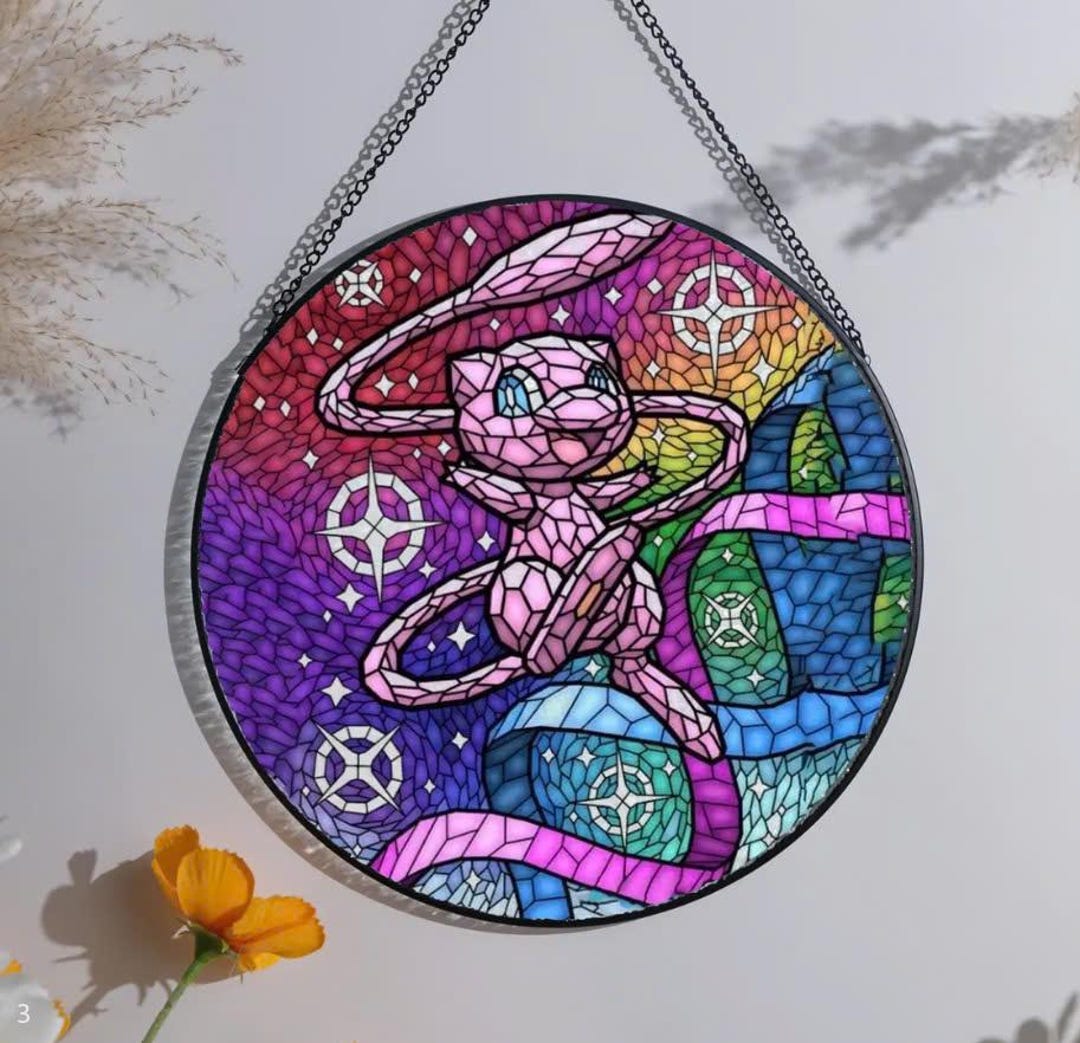 Handcrafted Mew Stained Glass Suncatcher Spooky Pokémon Window Art for ...