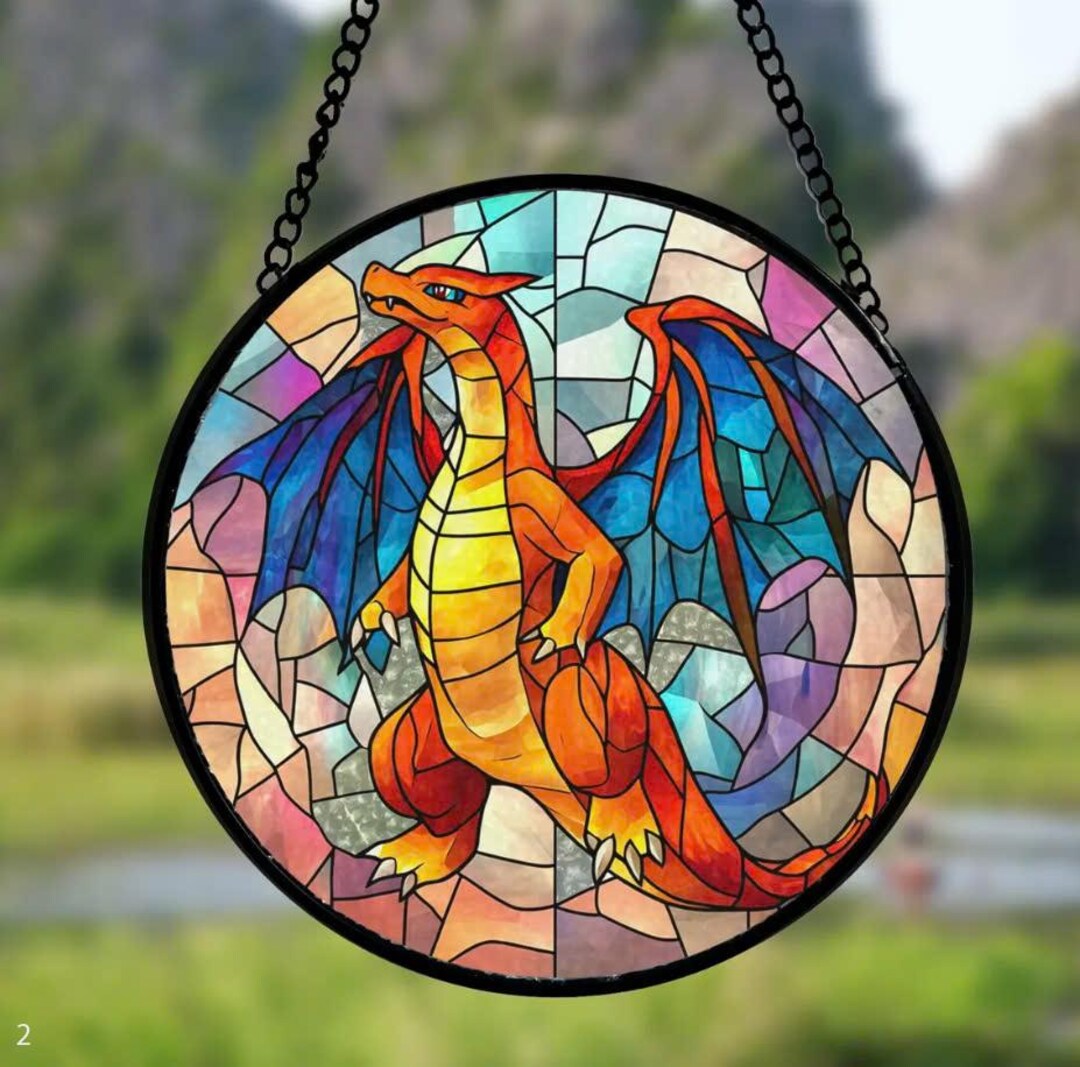Handcrafted Charizard Stained Glass Suncatcher Starry Night-inspired ...