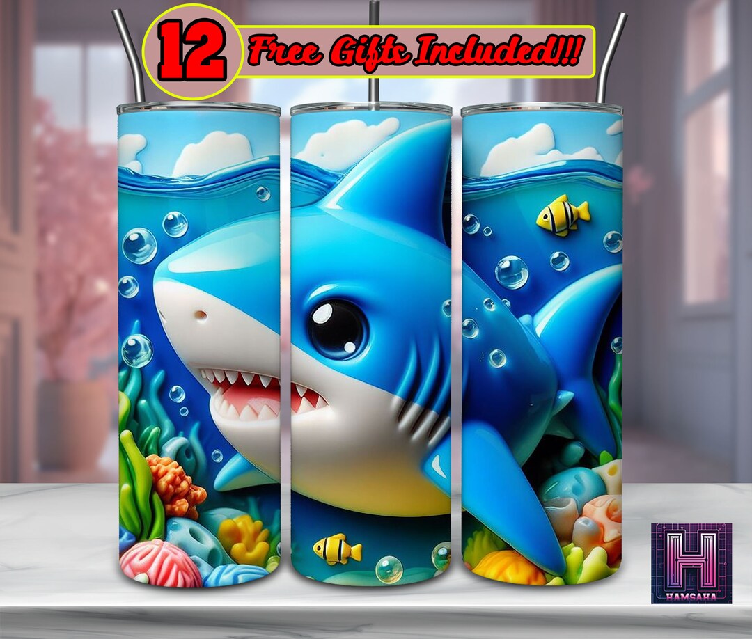 Shark 3D 20oz Skinny Tumbler Wrap Png, Shark 3D Tumbler Sublimation ...