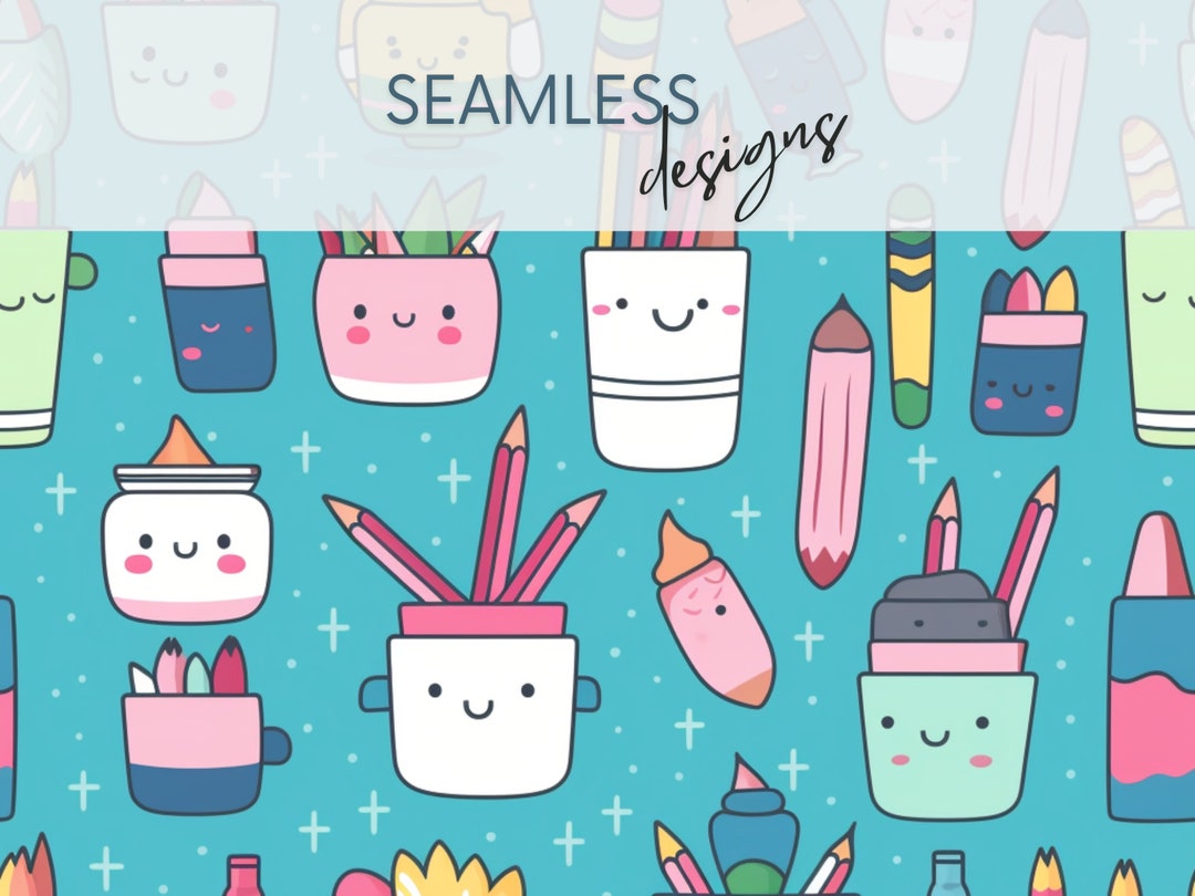 Cute Kawaii Stationary Digital Wallpaper, Seamless Pattern Digital ...
