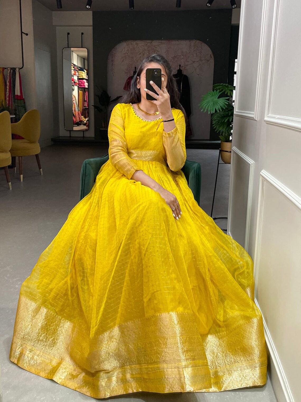 Yellow Color Zari Weaving Work Organza Chex Dress - Etsy