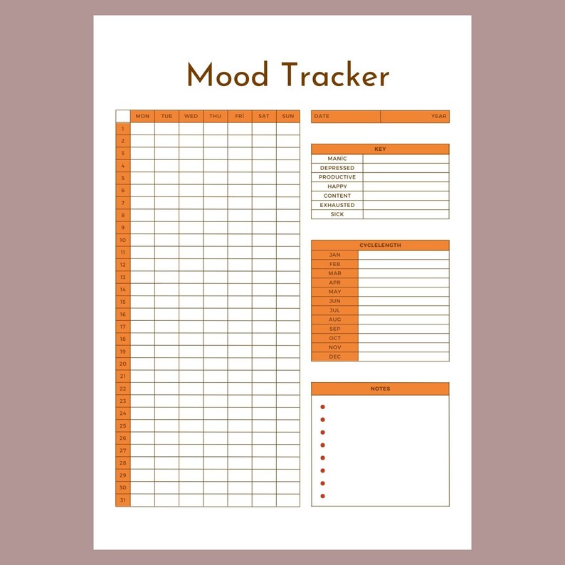 Printable Bipolar Mood Tracker | Monthly Bipolar Mood Tracker , Planner ...