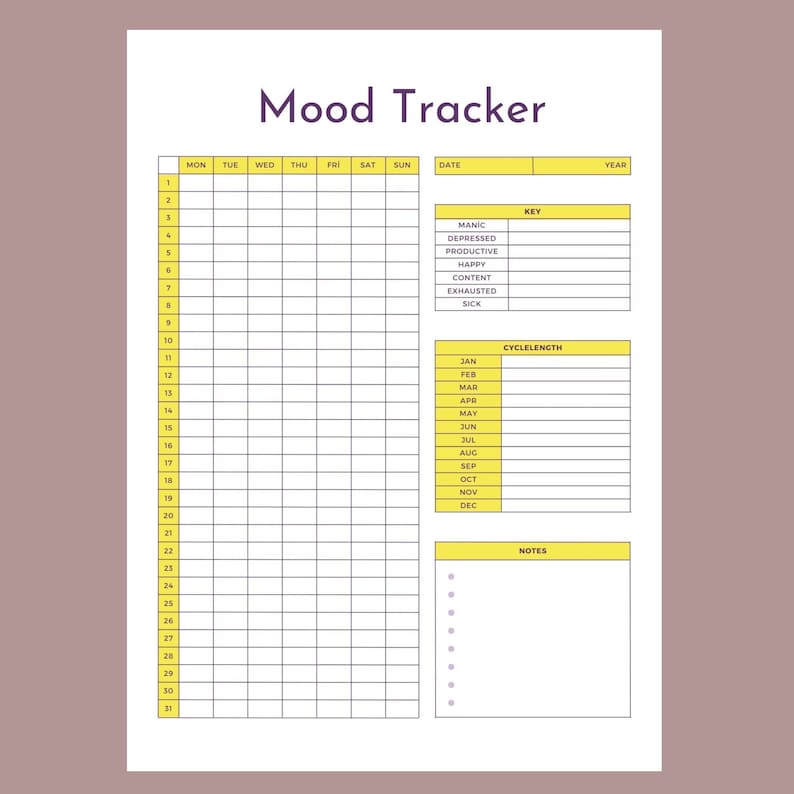 Printable Bipolar Mood Tracker | Monthly Bipolar Mood Tracker , Planner ...
