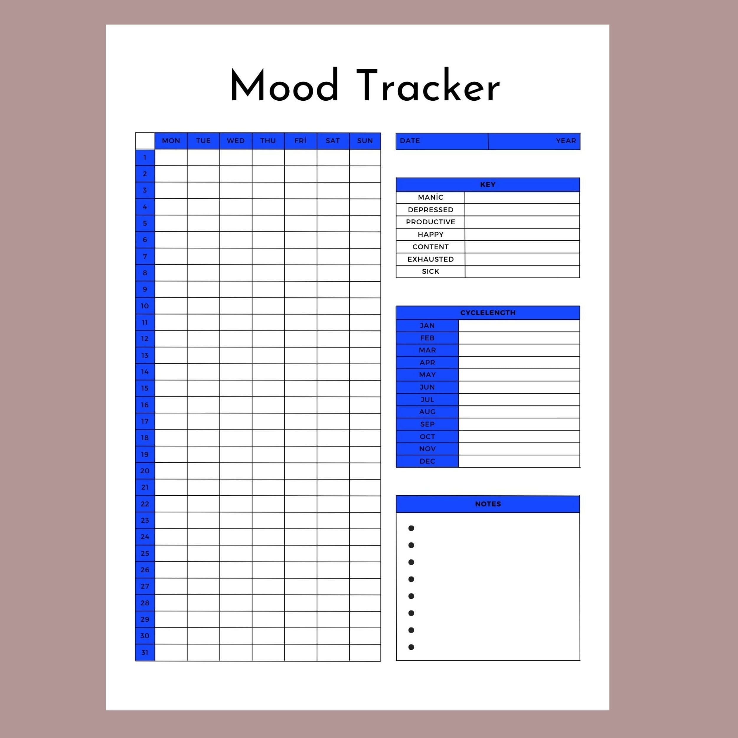 Printable Bipolar Mood Tracker Monthly Bipolar Mood Tracker , Planner ...