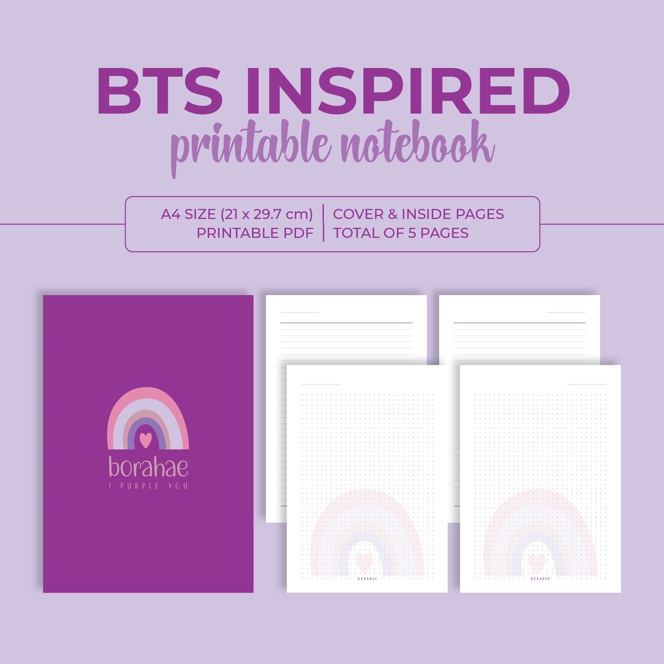 BTS Inspired Notebook, Printable PDF, Borahae, Rainbow, I Purple You ...