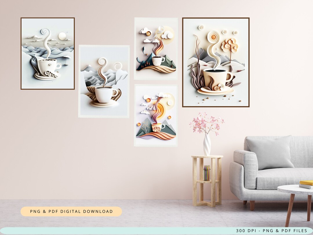 Coffee Poster Quilling Art 5 Piece Print, Gallery Wall Prints Instant ...