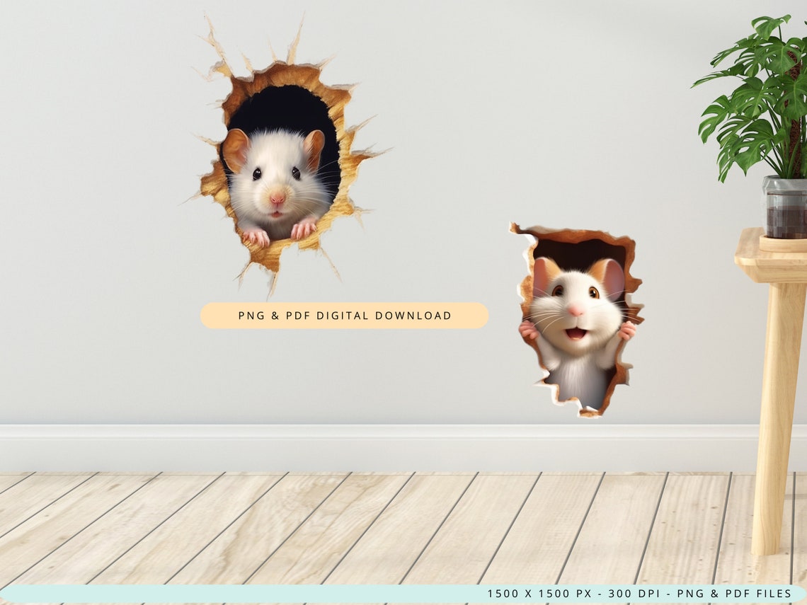 3D Mouse in Mouse Hole Wall Decal Nursery Funny Stickers, Transparent ...