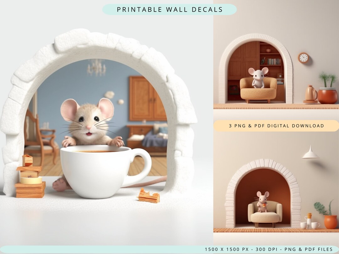 Cup of Mouse Hole Sticker 3 Piece Art 3D Mouse in Mouse Hole - Etsy