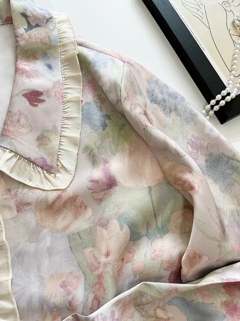 Floral Silk Pyjamas With Bow Eye Mask Long Sleeve Oil Painting Style ...