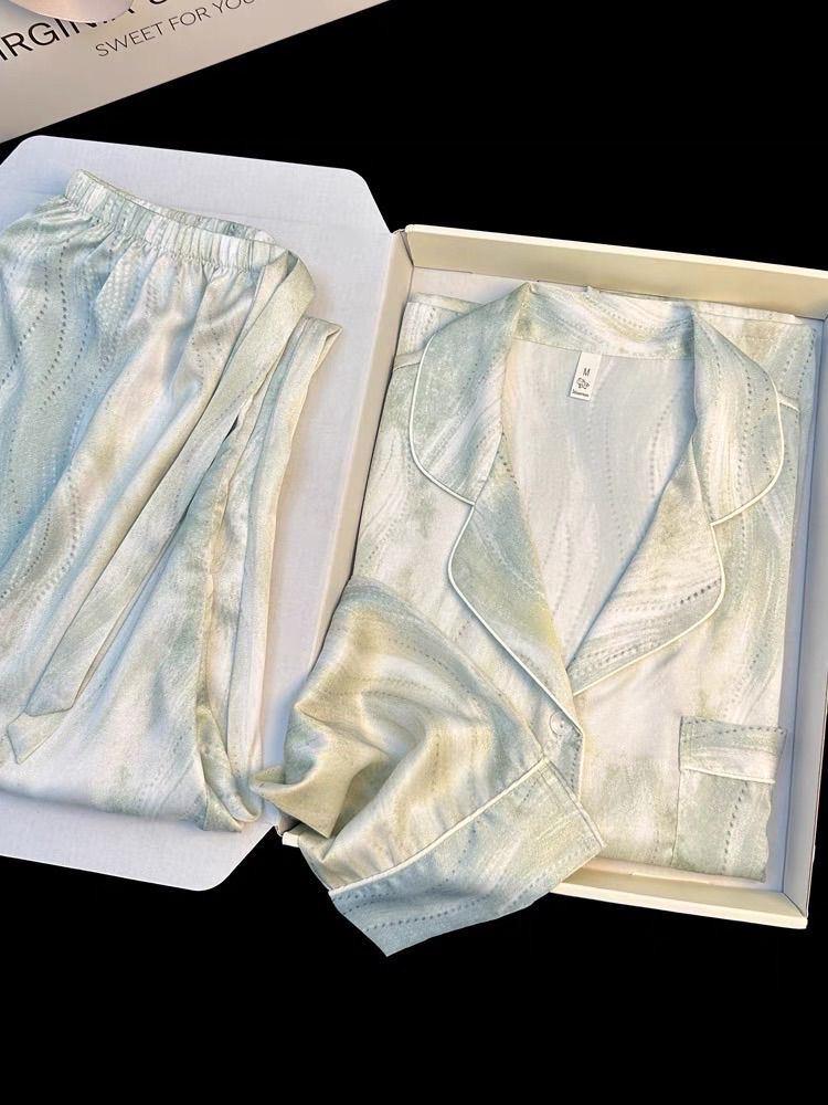 Luxury Silk Pajamas for Women Ink Painting Design Long Sleeve Casual ...