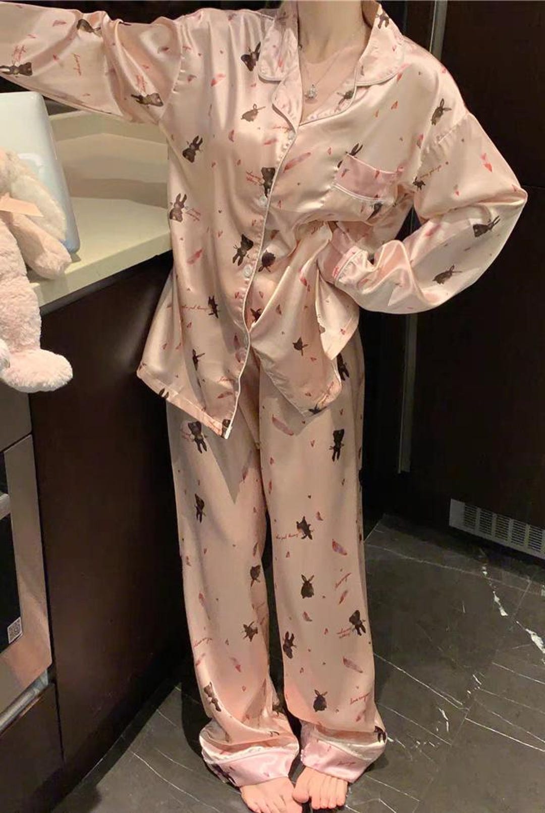 Pinky Rabbit Silk Pyjamas Long Sleeves Silk Lounge Wear Luxury Satin ...