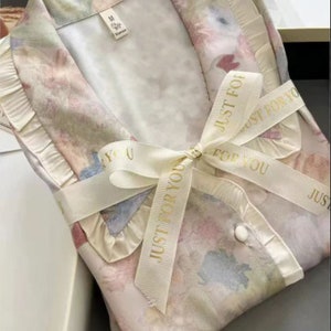 Floral Silk Pyjamas With Bow Eye Mask - Long Sleeve Oil Painting Style ...