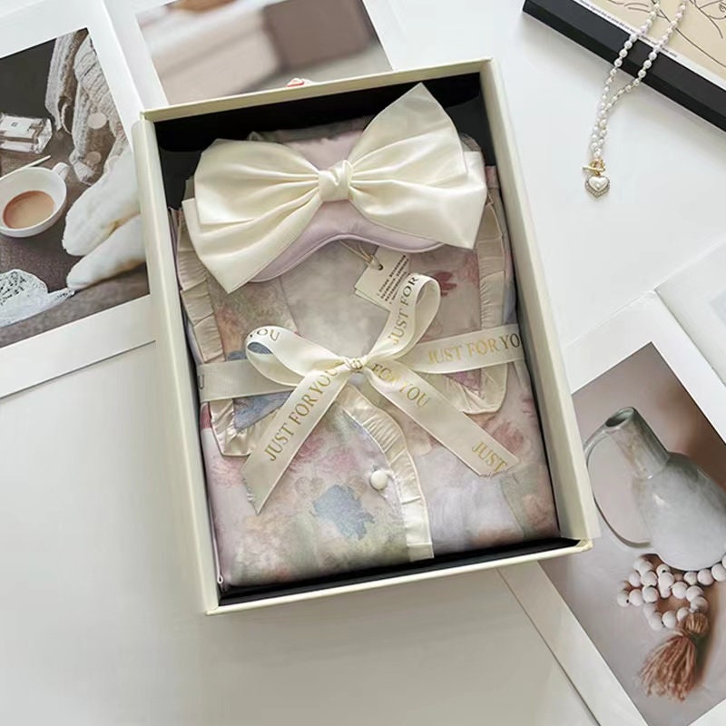 Floral Silk Pyjamas With Bow Eye Mask Long Sleeve Oil Painting Style ...