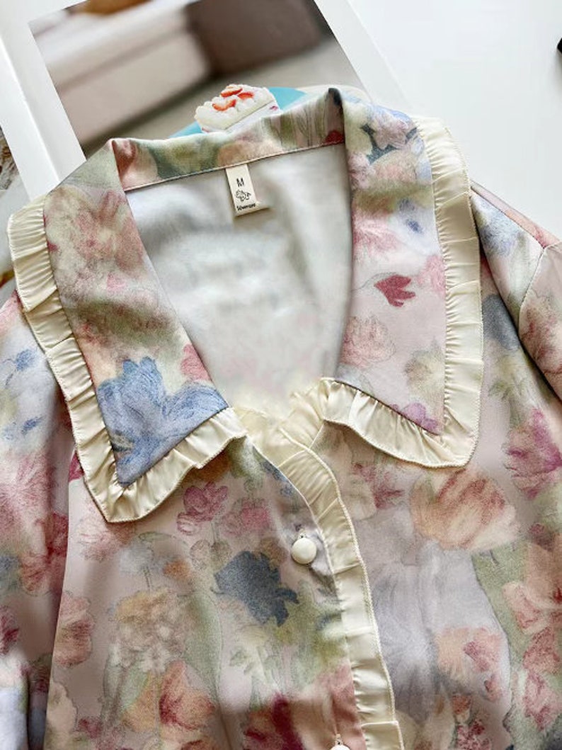 Floral Silk Pyjamas With Bow Eye Mask Long Sleeve Oil Painting Style ...