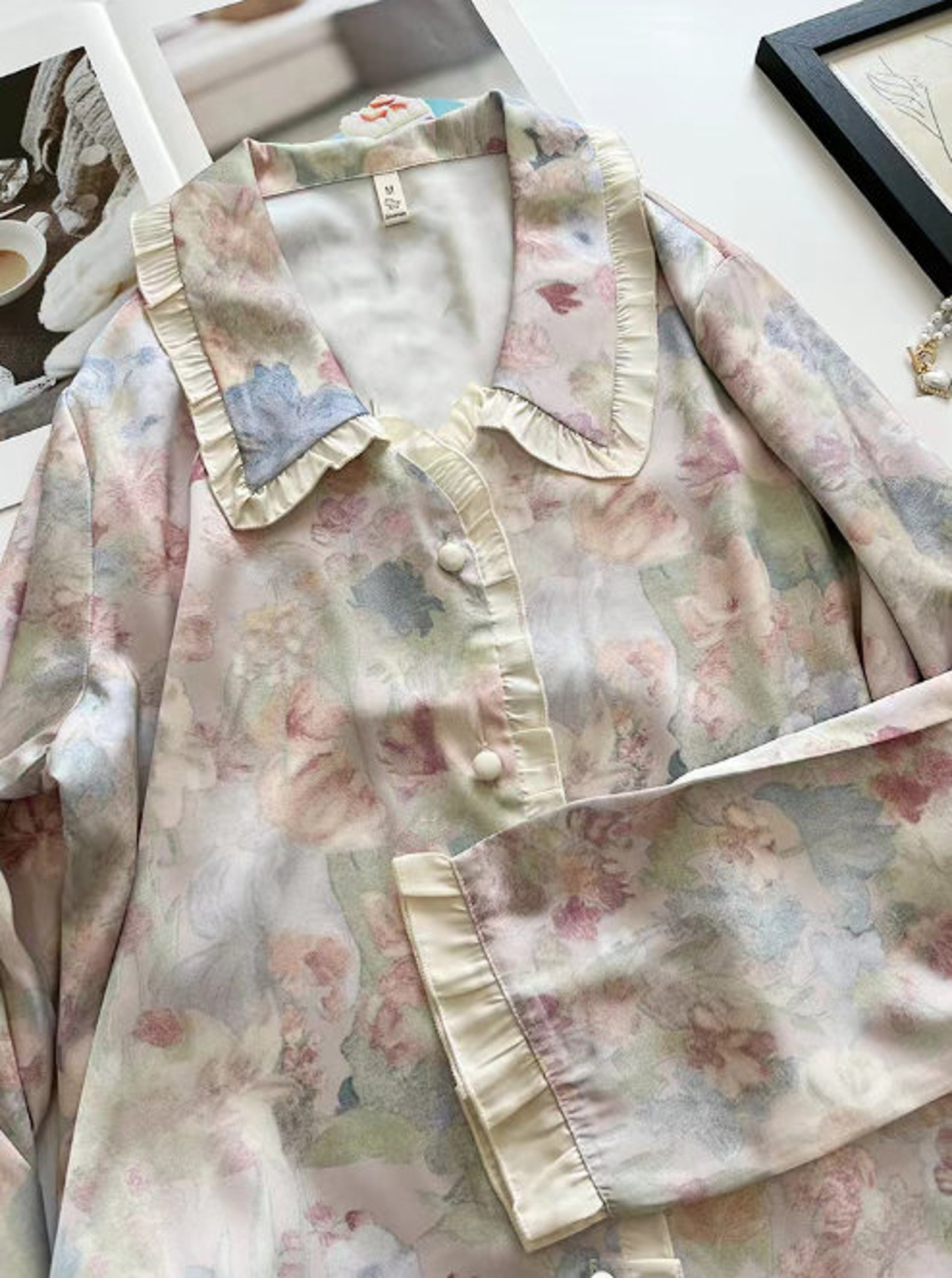 Floral Silk Pyjamas With Bow Eye Mask Long Sleeve Oil Painting Style ...