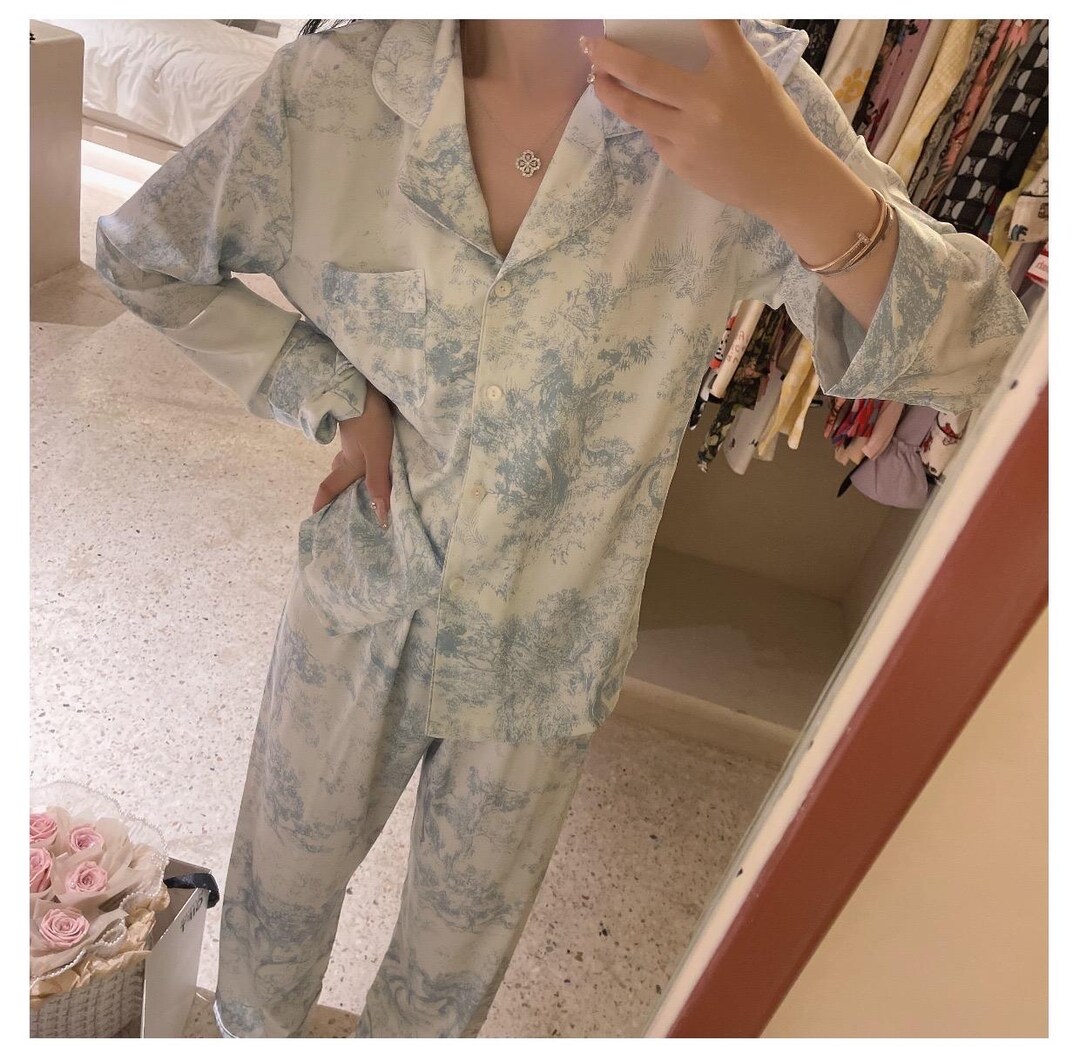 Blue and White Silk Pyjamas Set With Hair Band Long Sleeve Pants ...