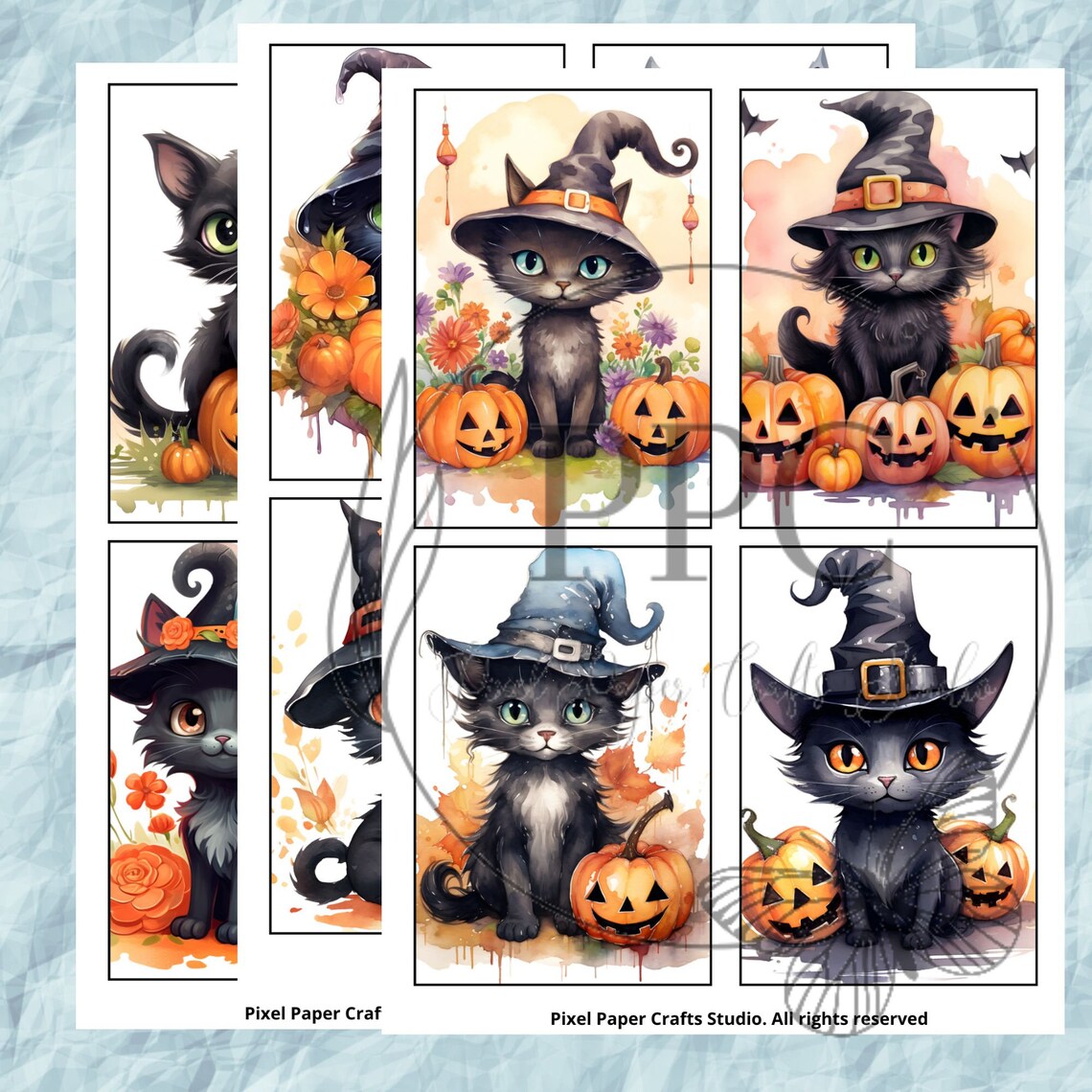 Black Cat Halloween Printable Cards, Digital Scrapbook Paper, INSTANT ...