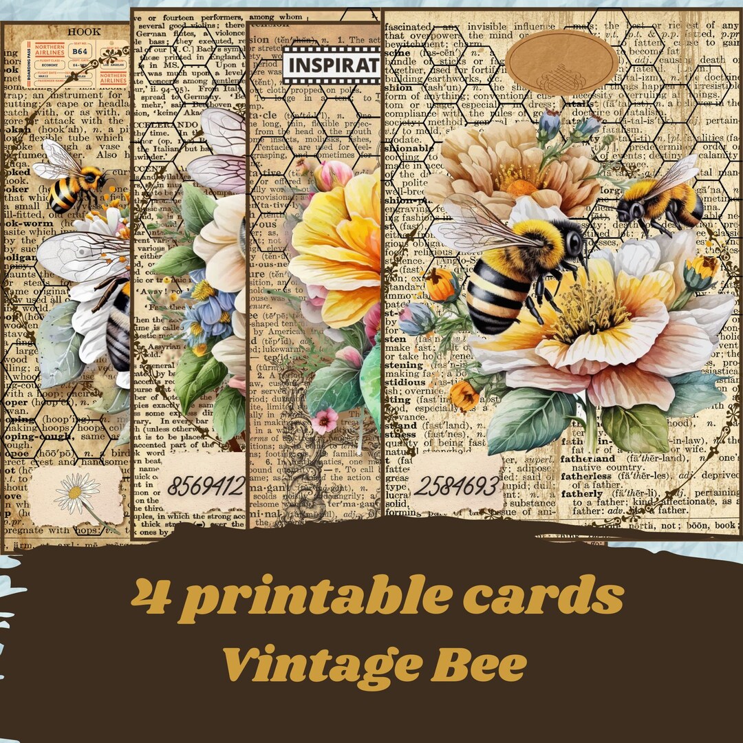 Vintage Printable Bee Cards, Printable Bee Cards for Junk Journaling ...