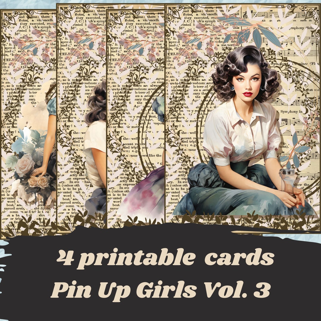 Printable Pin up Girl Cards, Junk Journal Cards, Digital Cards, Digital ...