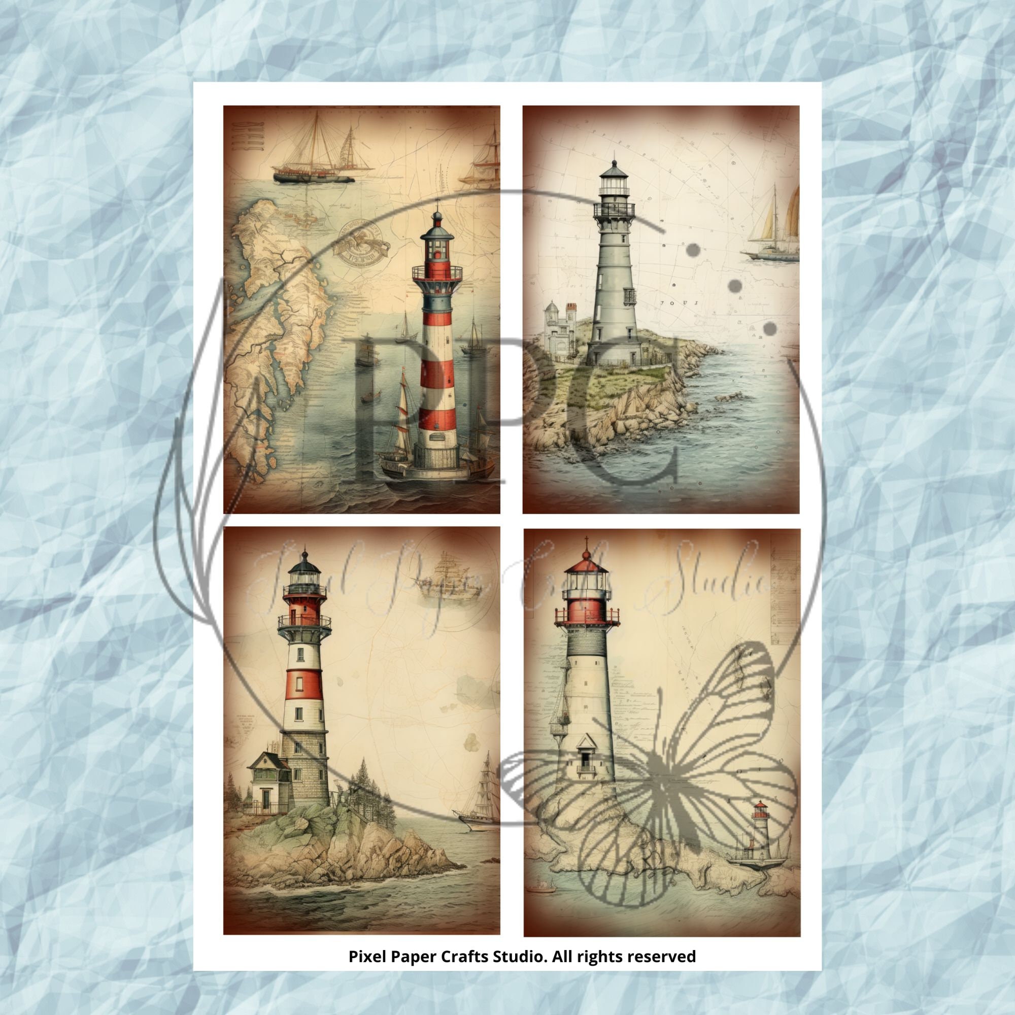 Printable Vintage Lighthouse Cards, Digital Scrapbooking Cards, Vintage ...