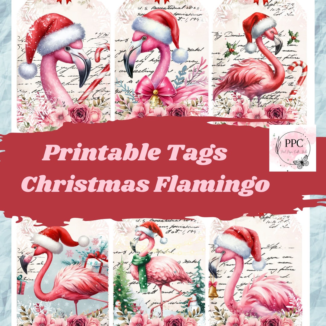Christmas Flamingo Printable Tags, Christmas Ephemera for Junk Journal ...