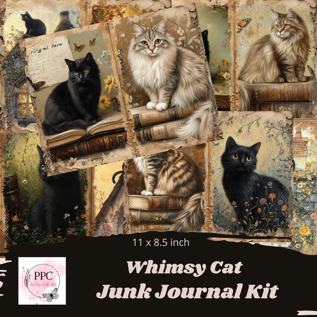 Whimsy Cats Junk Journal Kit Printable, Vintage Cats Junk Journal ...