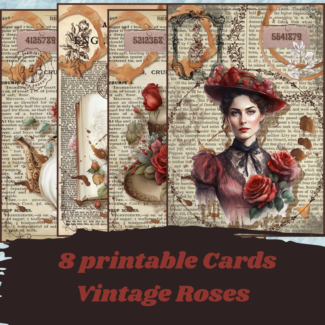 Vintage Rose Cards Printable, Vintage Cards for Junk Journal, Digital ...