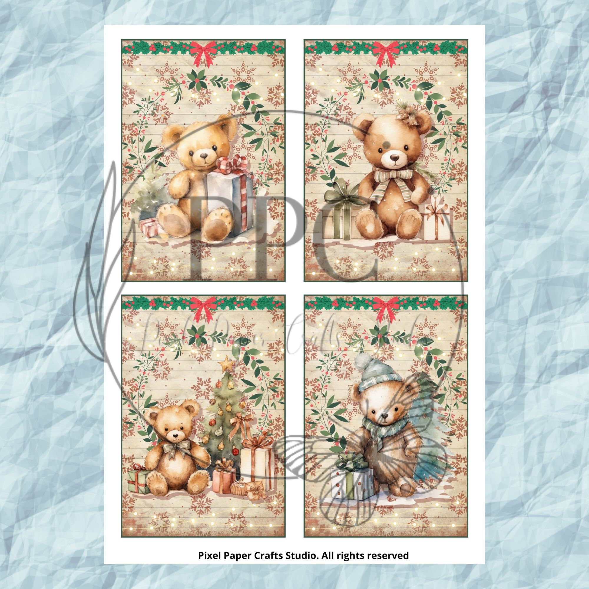 Teddy Bear Christmas Cards Printable for Junk Journal Digital - Etsy