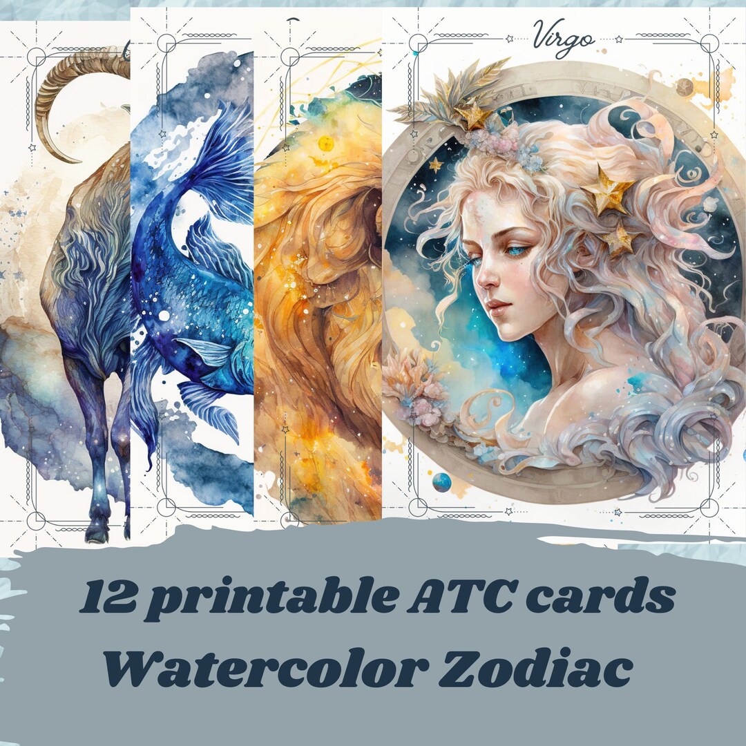 Printable Watercolor Zodiac Cards Celestial ATC Cards - Etsy