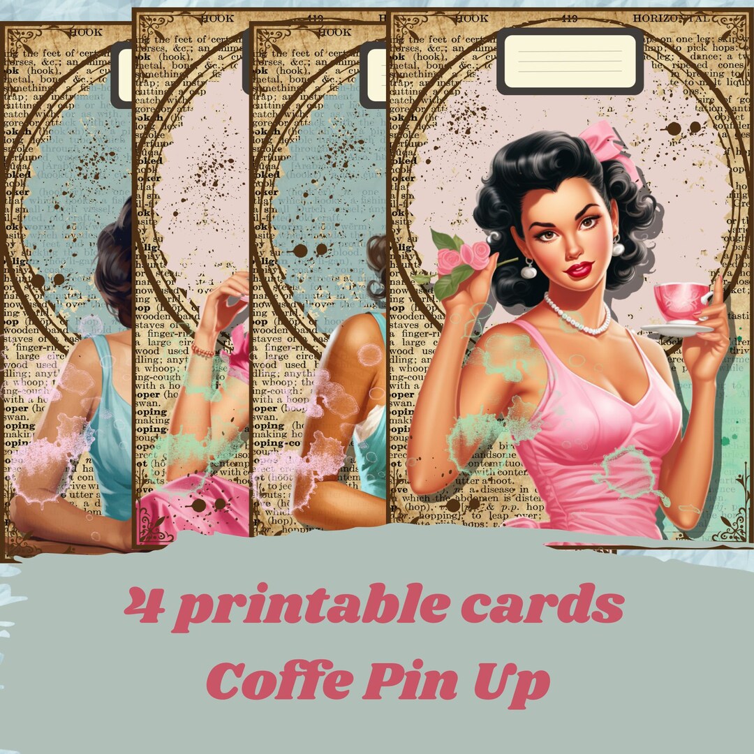 Pin up Coffee Printable Cards, Digital Cards, Digital Paper, Junk Journal Cards, Pin up Ephemera ...