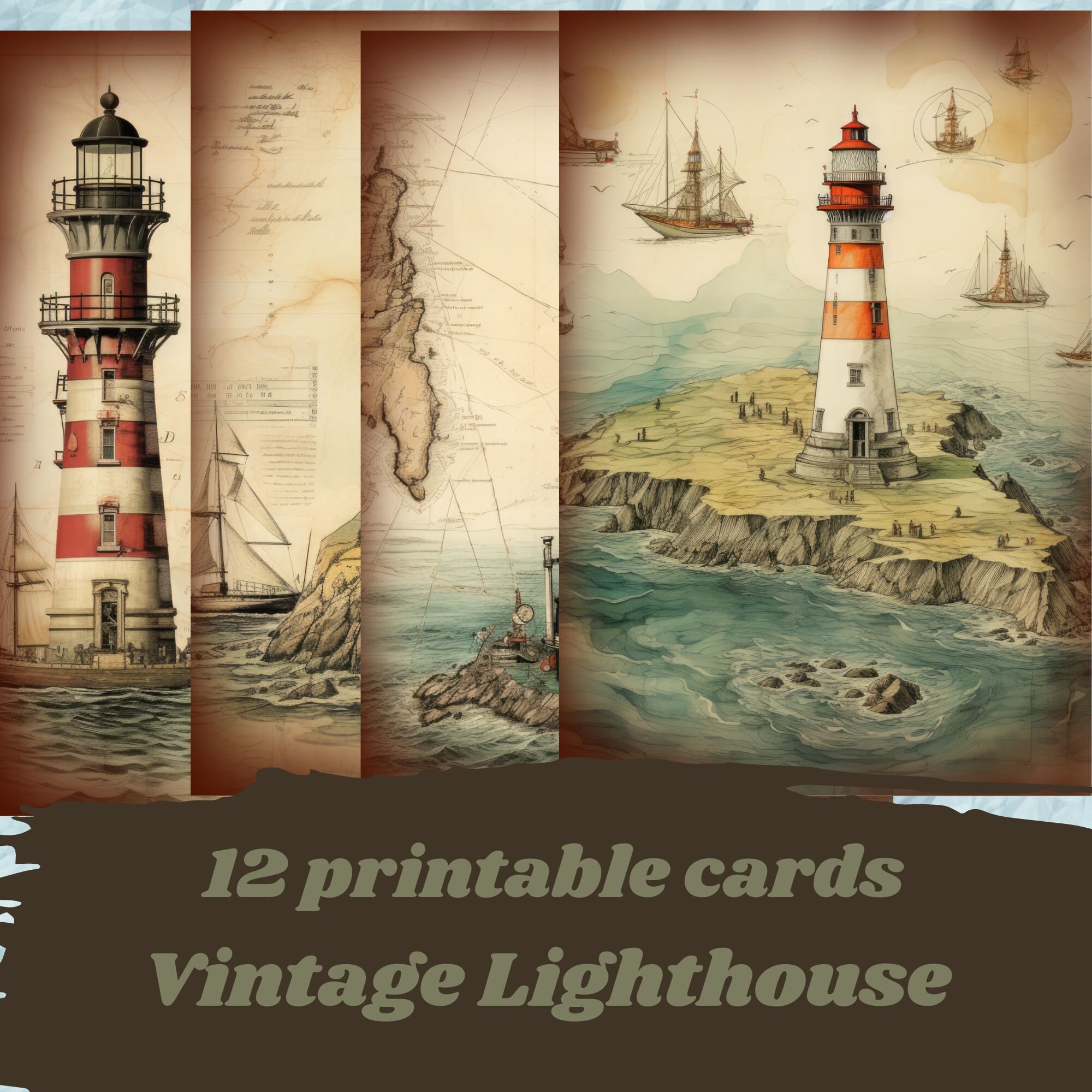 Printable Vintage Lighthouse Cards, Digital Scrapbooking Cards, Vintage ...