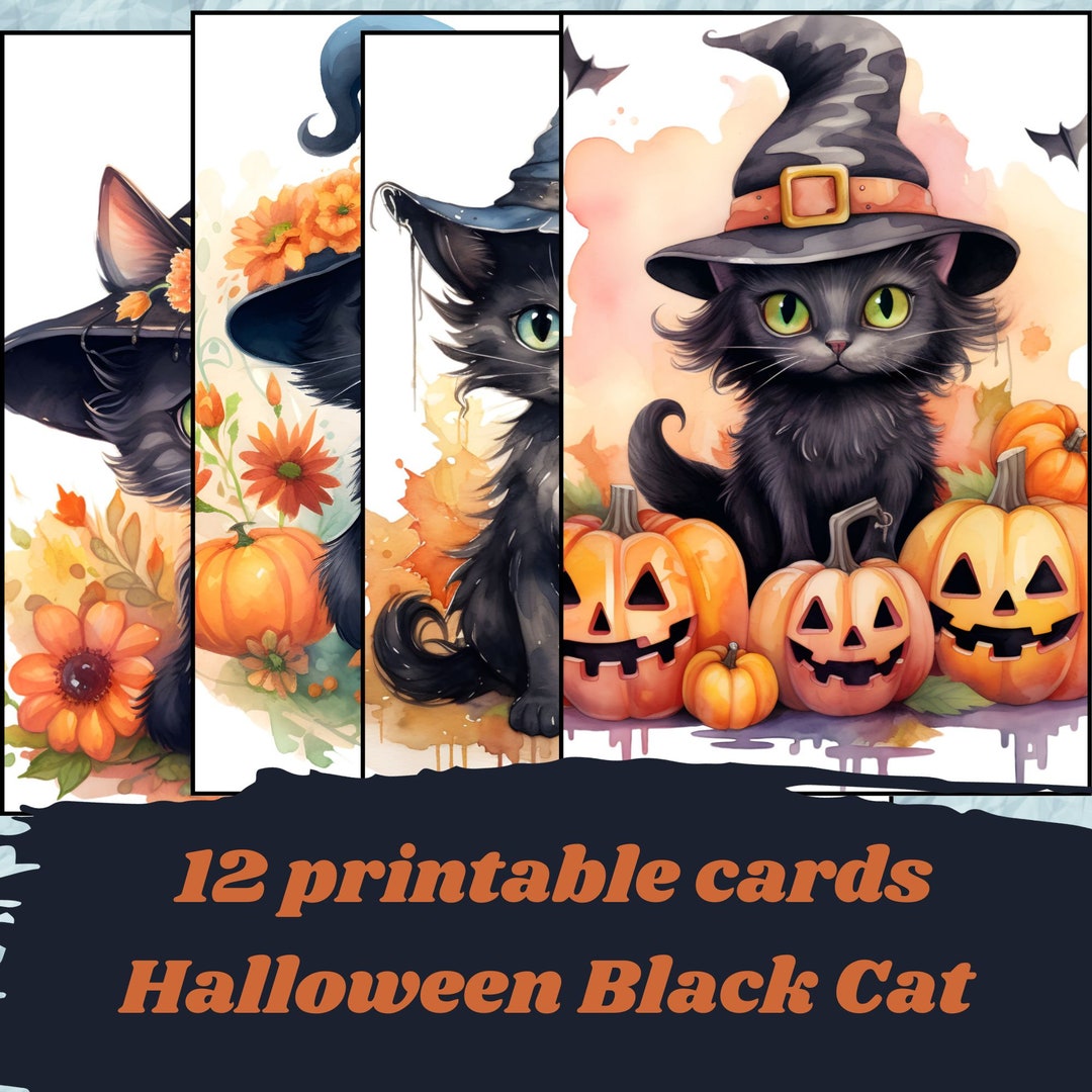 Black Cat Halloween Printable Cards, Digital Scrapbook Paper, INSTANT ...